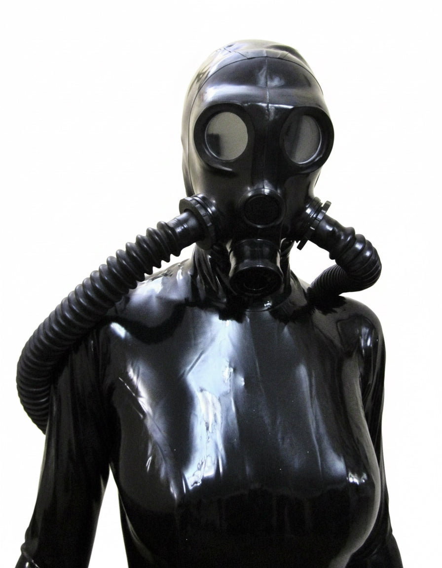 CUSTOM Fetish LATEX Hooded GAS MASK with Dark Lenses, Twin Hoses and R ...